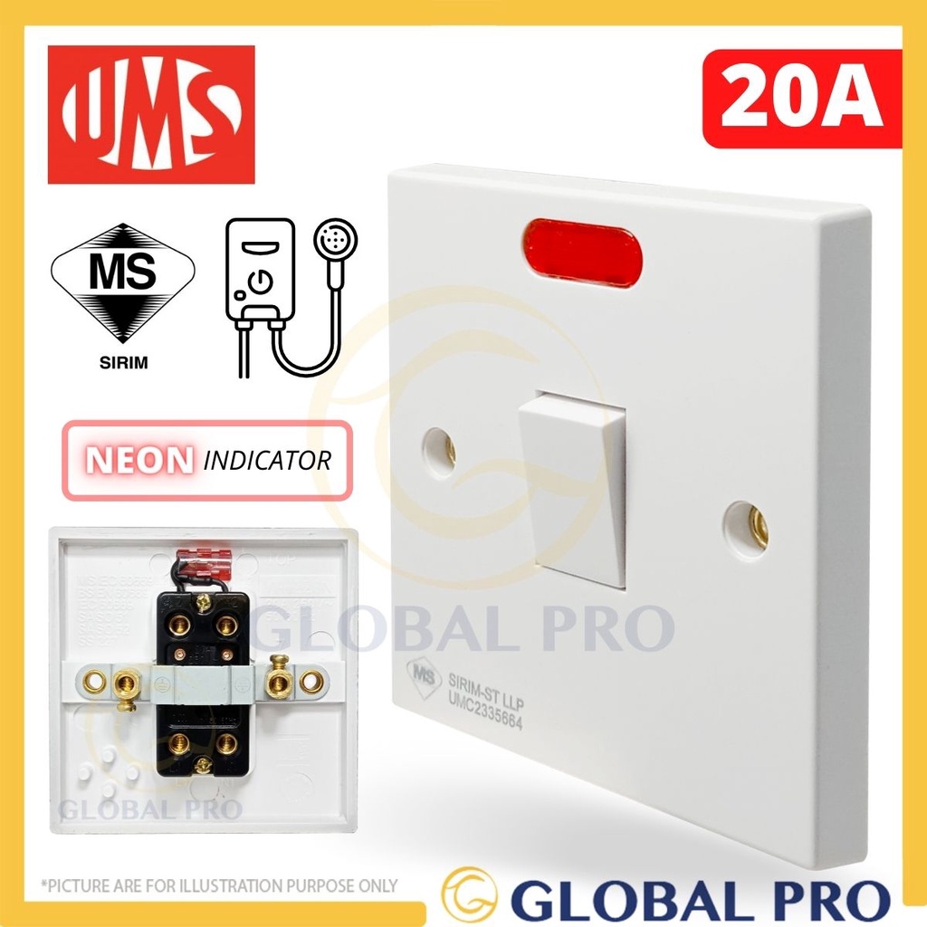 (1PCS) UMS 20A 250V AC DP Flush Switch With Neon Indicator Water Heater ...