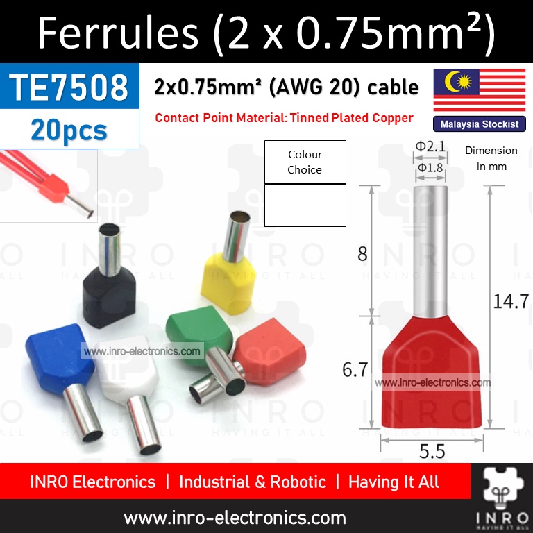 [20pcs] Twin Wire Ferrules Ferrule, 0.34, 0.50-2.5mm2, TE0508 TE7508 ...