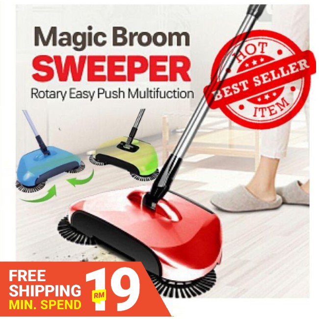 3 in 1 Hand Propelled Sweeper 360° Rotation Broom + Dustpan + Garbage ...