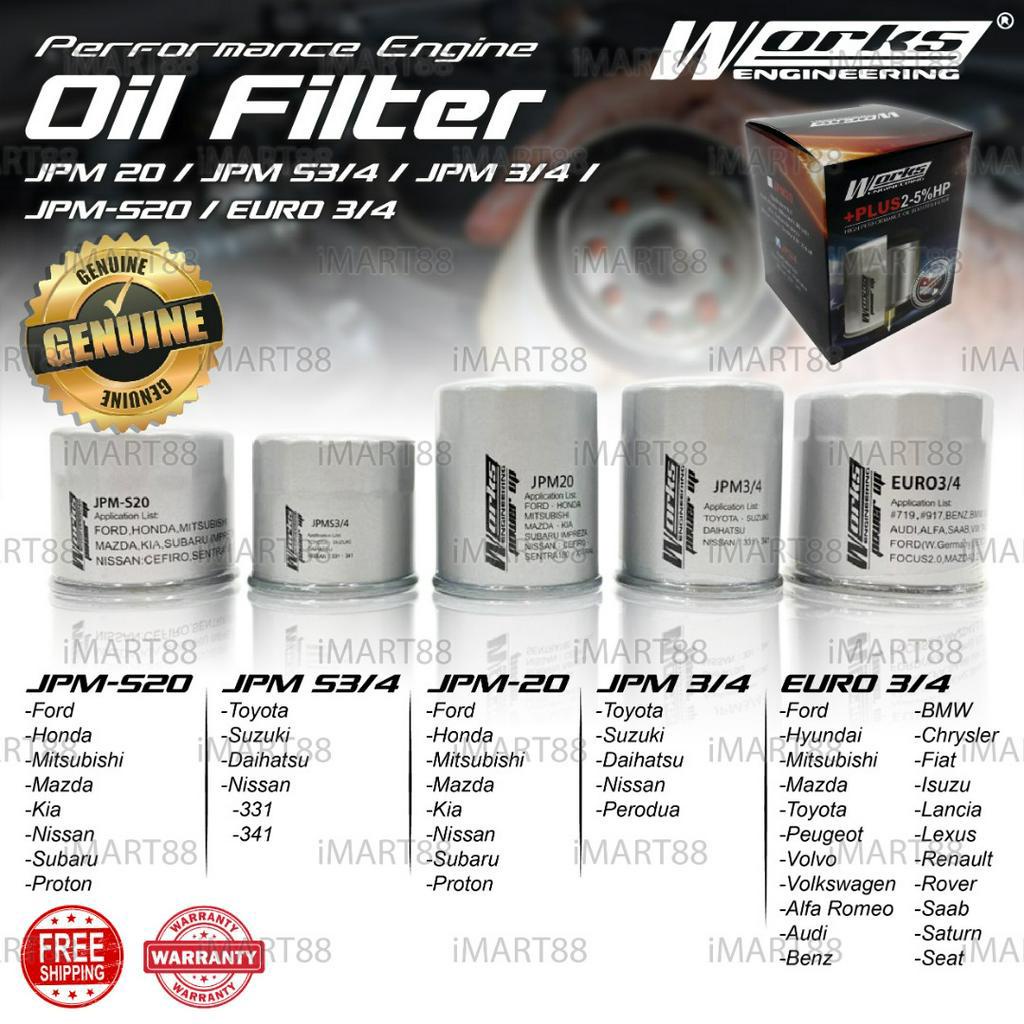 Works Engineering Performance Engine Oil Filter JPM 20 EURO JPM 3/4 JPM S20 Toyota Honda Perodua ...