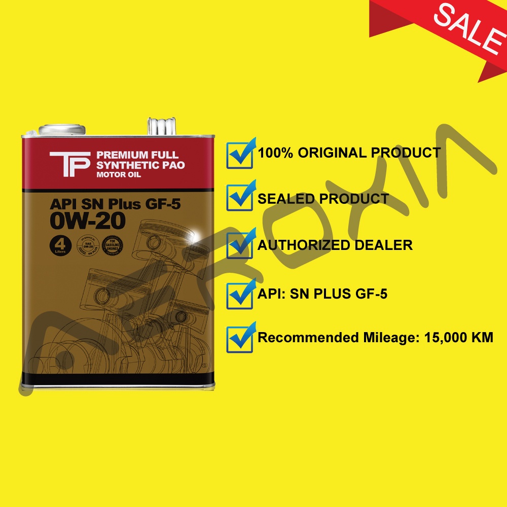 TP MOTOR OIL PREMIUM FULL SYNTHETIC PAO 0W-20 API SN PLUG GF-5 4L TIN ...