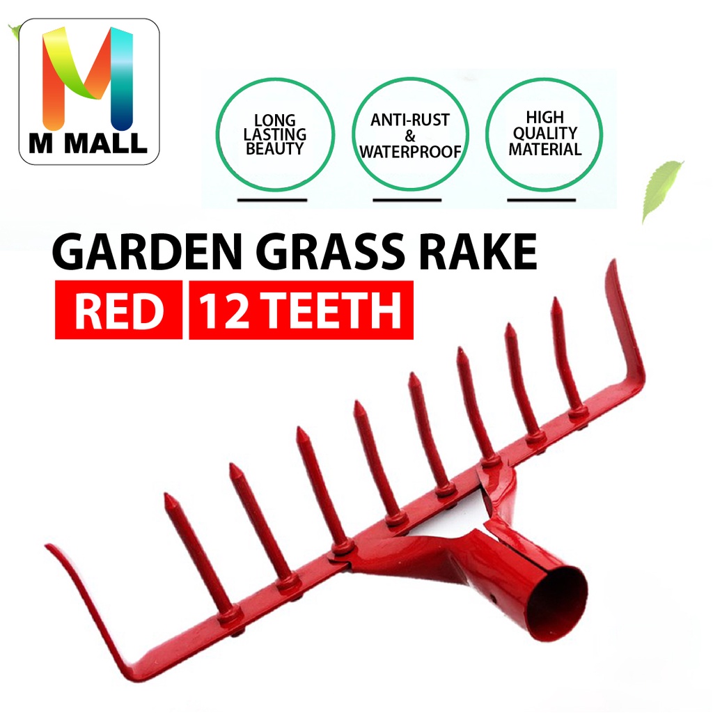 M MALL HEAVY DUTY 12 TEETH IRON METAL STEEL RED GRASS RAKE CRAWLER ...