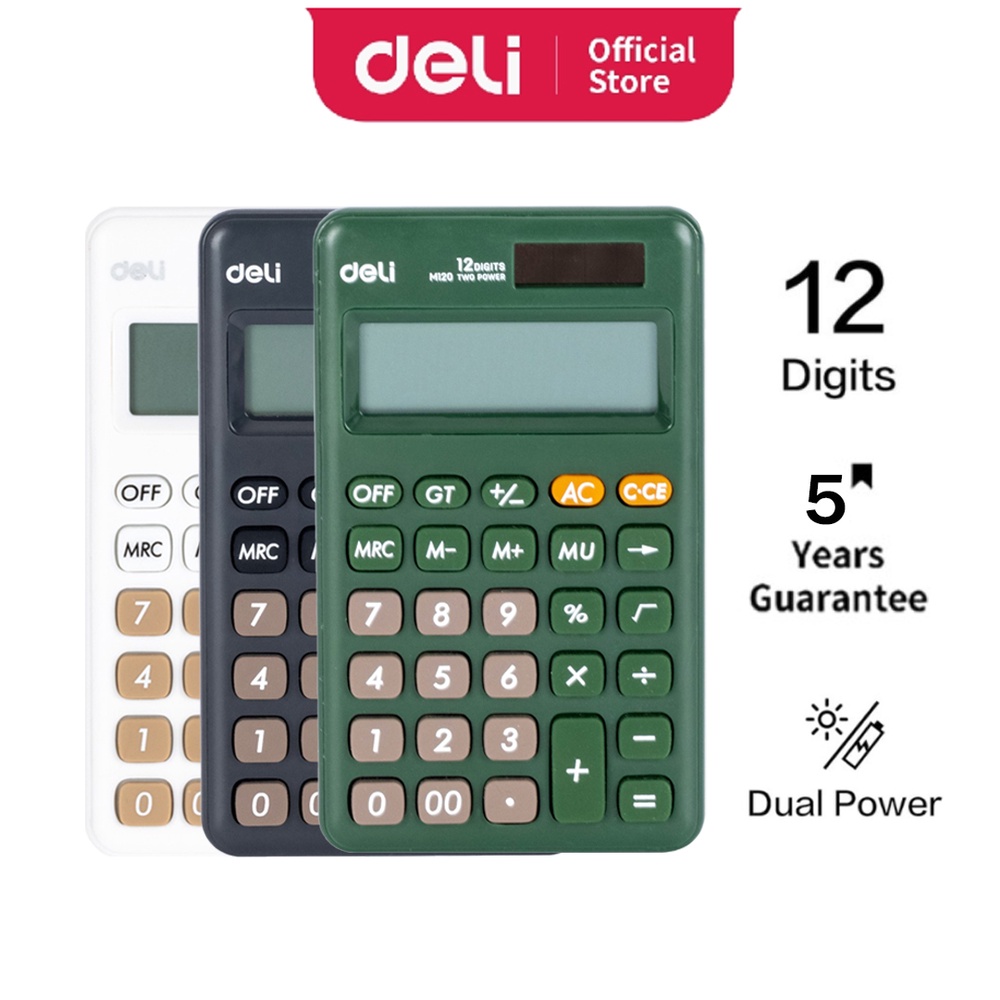 Deli Calculator EM120 Portable Electronic Dual Power Plastic-12 Digits ...