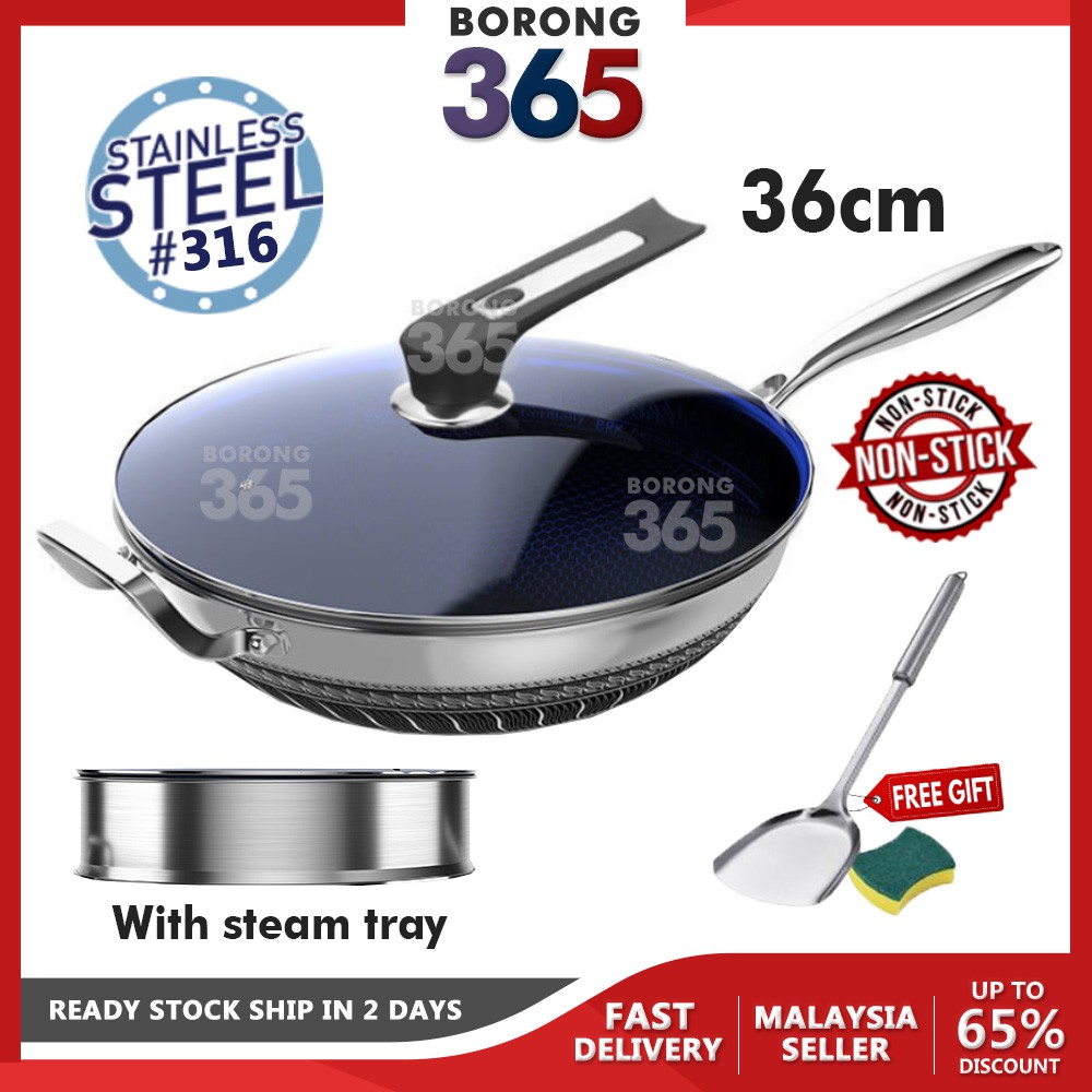Borong365 36cm SUS 316 Stainless Steel Germany BRK Wok Non-Stick Nano Honeycomb Pattern Wok With ...