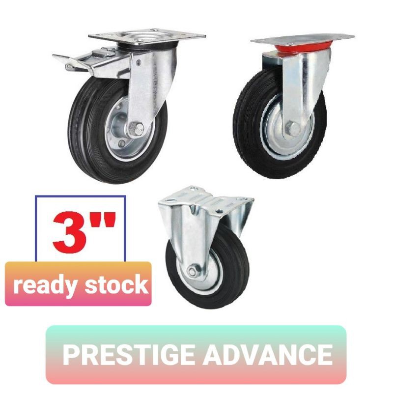 3"/ 75mm MEDIUM DUTY BLACK RUBBER CASTOR WHEEL/ 3 " SOLID RODA GETAH ...