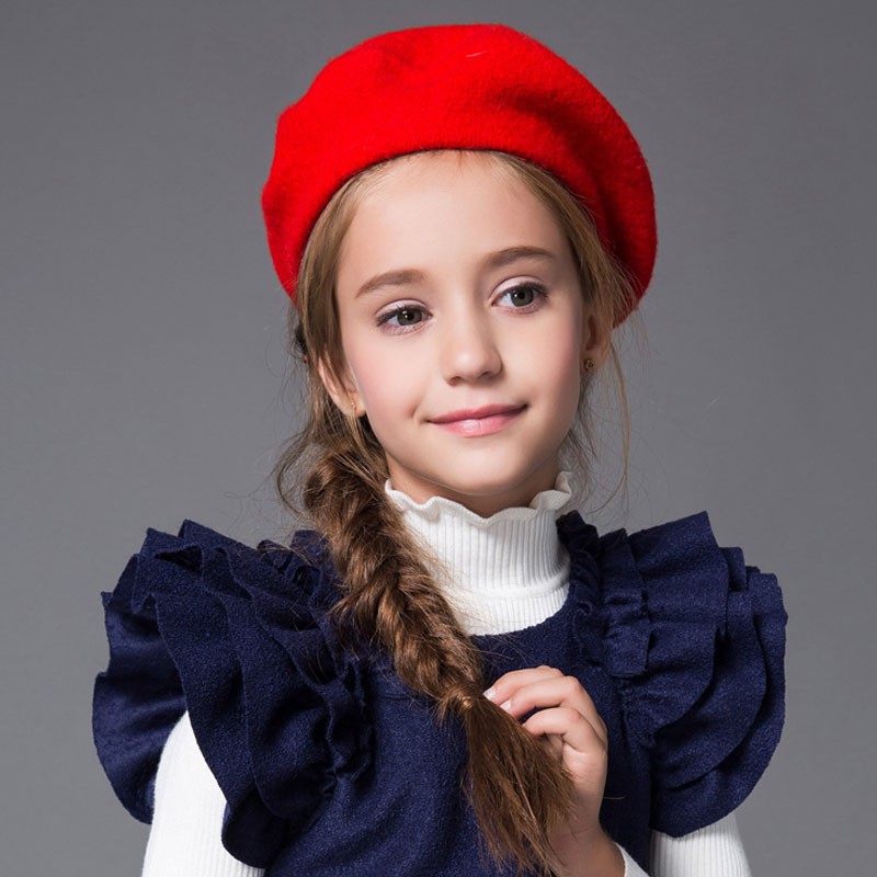 Beret Girls Winter Child Beret Hat Solid Colors Wool Warm Hats Dome Cap ...
