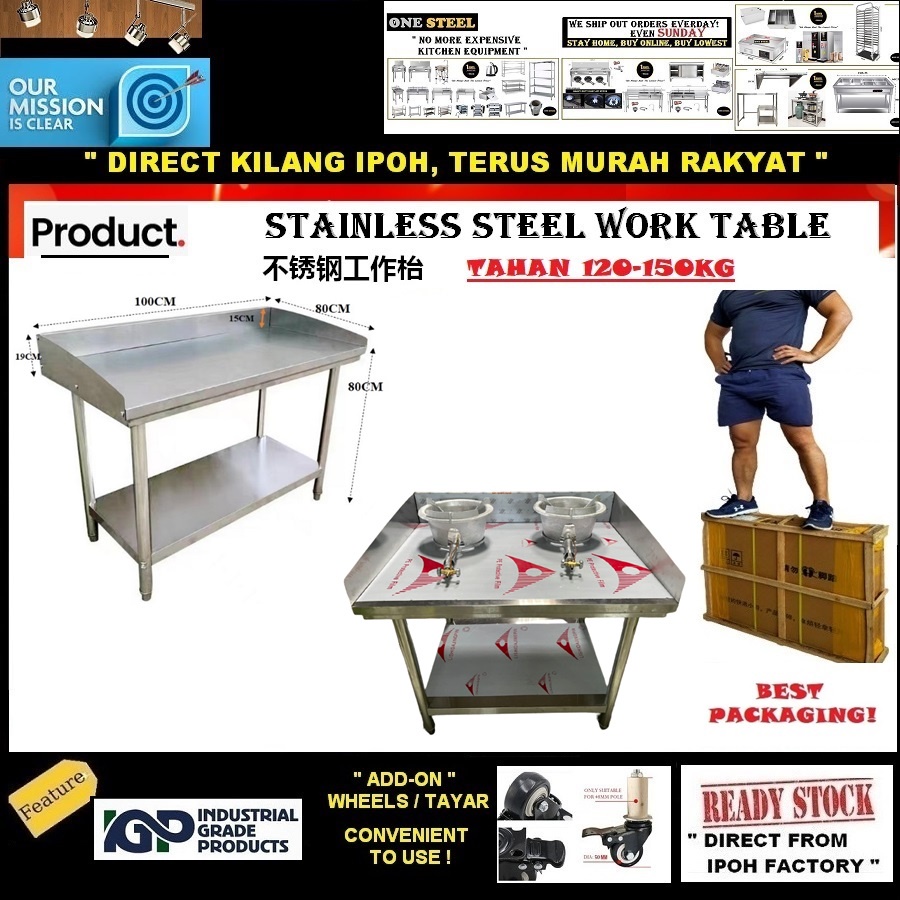 WORK TABLE WITH SIDE COVER/PENGHADANG 100CM STAINLESS STEEL BENCH 2 ...