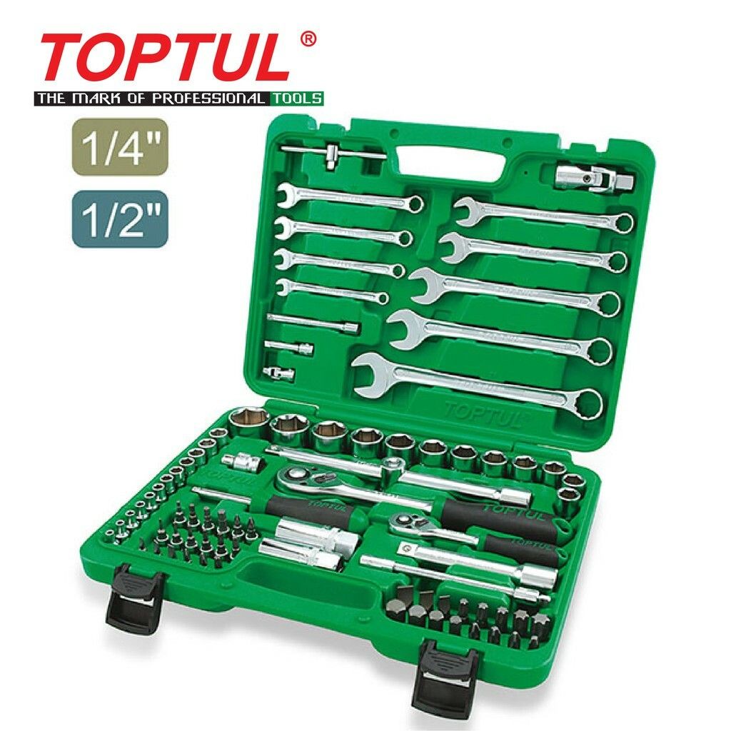 TOPTUL 82PCS Professional Grade 1/4" & 1/2" DR. Flank Socket Wrench Set ...