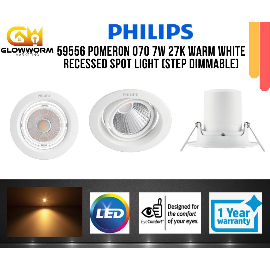 PHILIPS 59556 Pomeron 070 7W 27K Warm White (step dimmable) Recessed ...