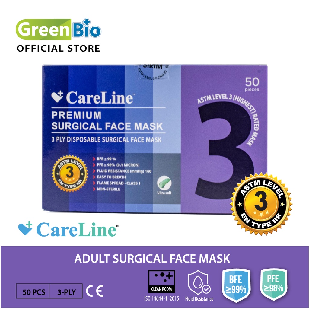 CARELINE 3 ply US ASTM Level 3 single use PREMIUM surgical graded face masks (Adults) Made In ...
