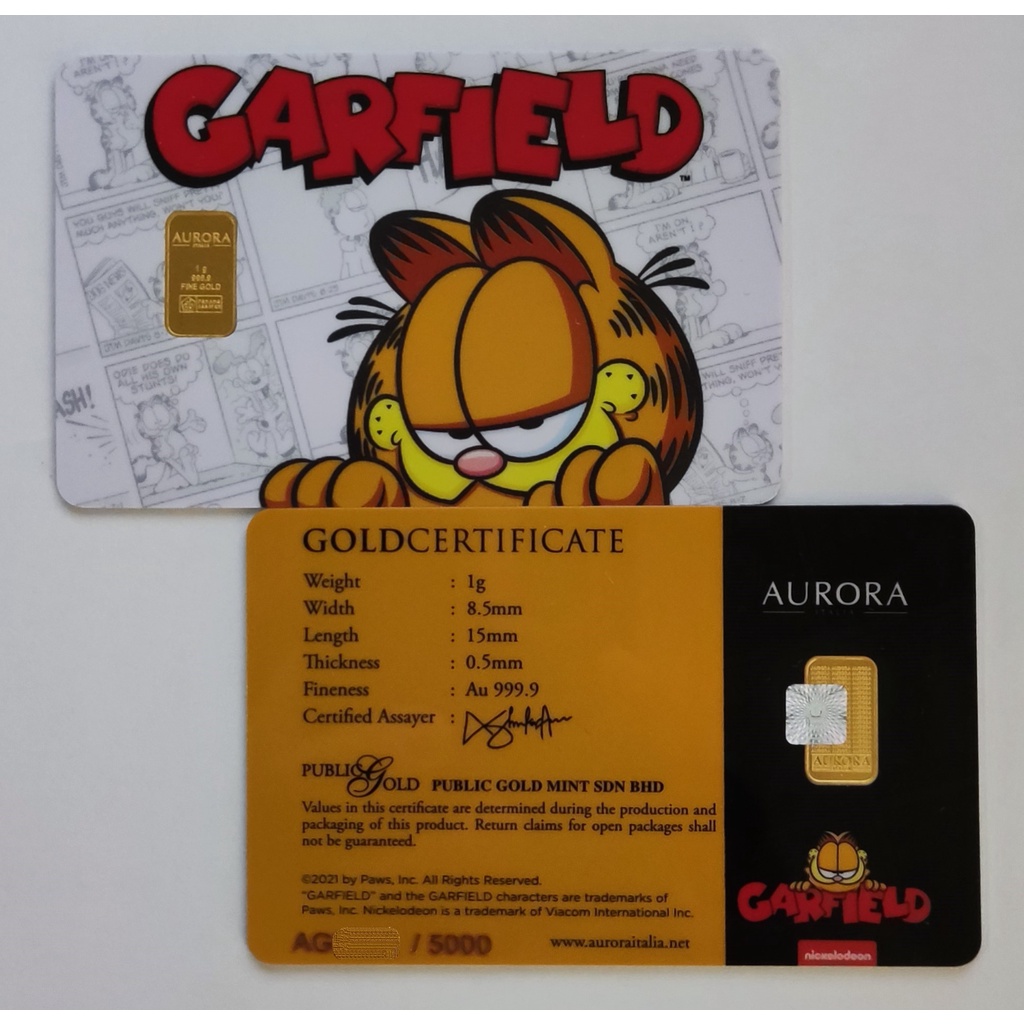 Aurora Italia Limited Edition 1g .9999 Gold Bar - Garfield (without ...