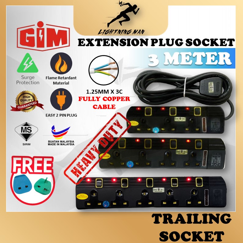 Sirim 3m Black Gim 3 4 5 Way Surge Protector Black Portable Trailing Socket Extension Plug