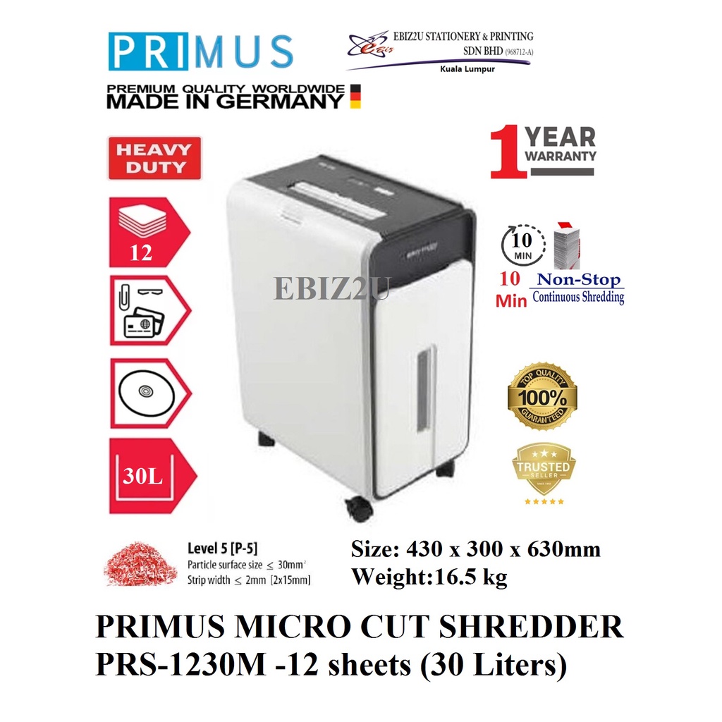 PRIMUS MICRO CUT SHREDDER PRS-1230M -12 sheets (30 Liters) Micro Cut ...