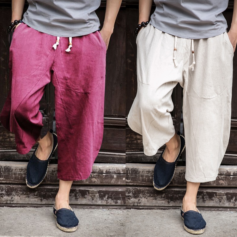 Men Cotton Linen Wild Leg Pants Casual Loose Calf-Length Pants Man ...