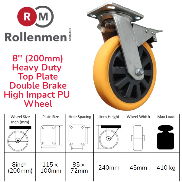 RollenMen 8'' (200mm) Heavy Duty High Impact PU Castor Wheel Kastor PU ...