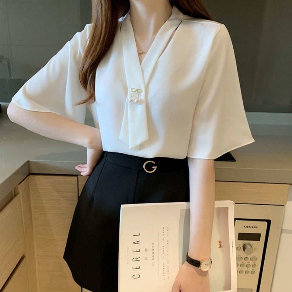 Chiffon Shirt Womens Mid Sleeve Korean Style Loose Flared Sleeve V