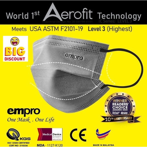 [READY STOCK]Empro Aerofit Tech ASTM Level 3 Black 3-ply Face Mask with ...