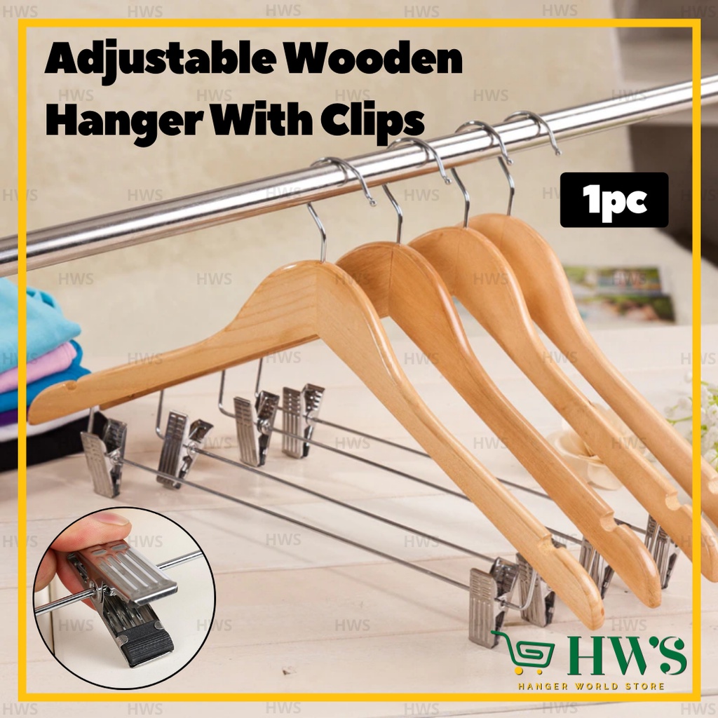 HWS ADJUSTABLE WOODEN HANGER WITH METAL CLIP (1PCS) | Shopee Malaysia