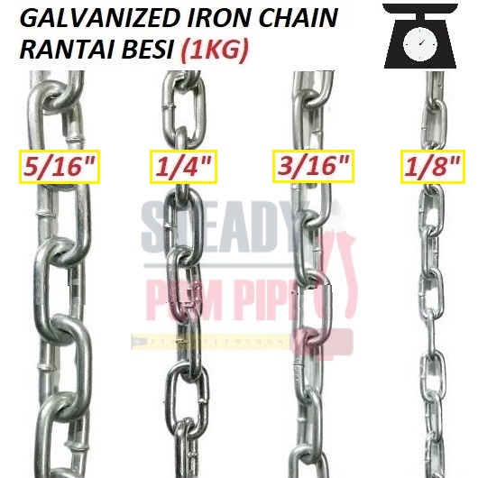1KG GI CHAIN / GALVANIZED CHAIN LINK / RANTAI BESI / 铁链 (1/8", 3/16", 1 ...