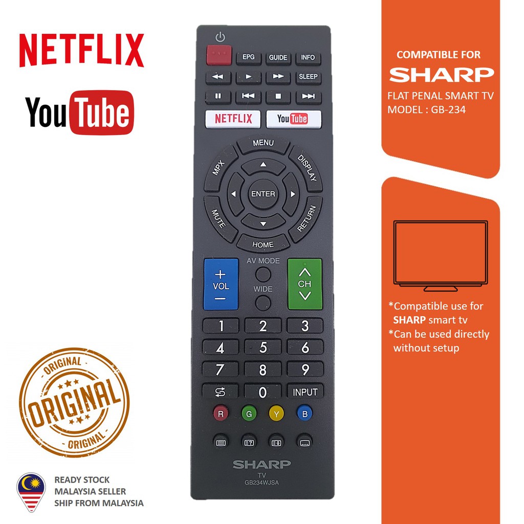 Original Sharp Flat Panel LED LCD TV Remote Control YouTube Netflix GB234WJSA-ORI | Shopee Malaysia