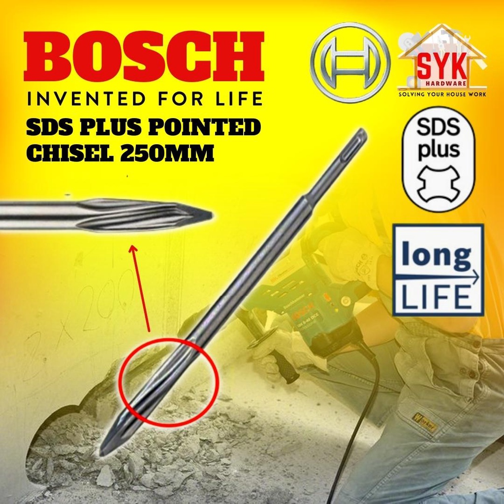 SYK BOSCH SDS-Plus Pointed Chisel (250mm x 5mm) For Demolition Hammer ...