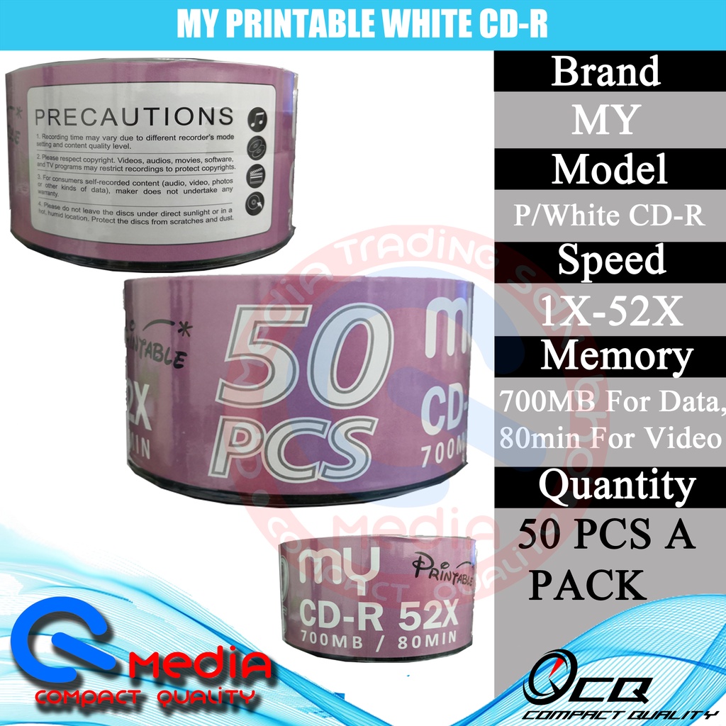 MY PRINTABLE 700MB/80MIN 52 X EMPTY DISC CD-R CDR (700MB FOR DATA/80MIN ...