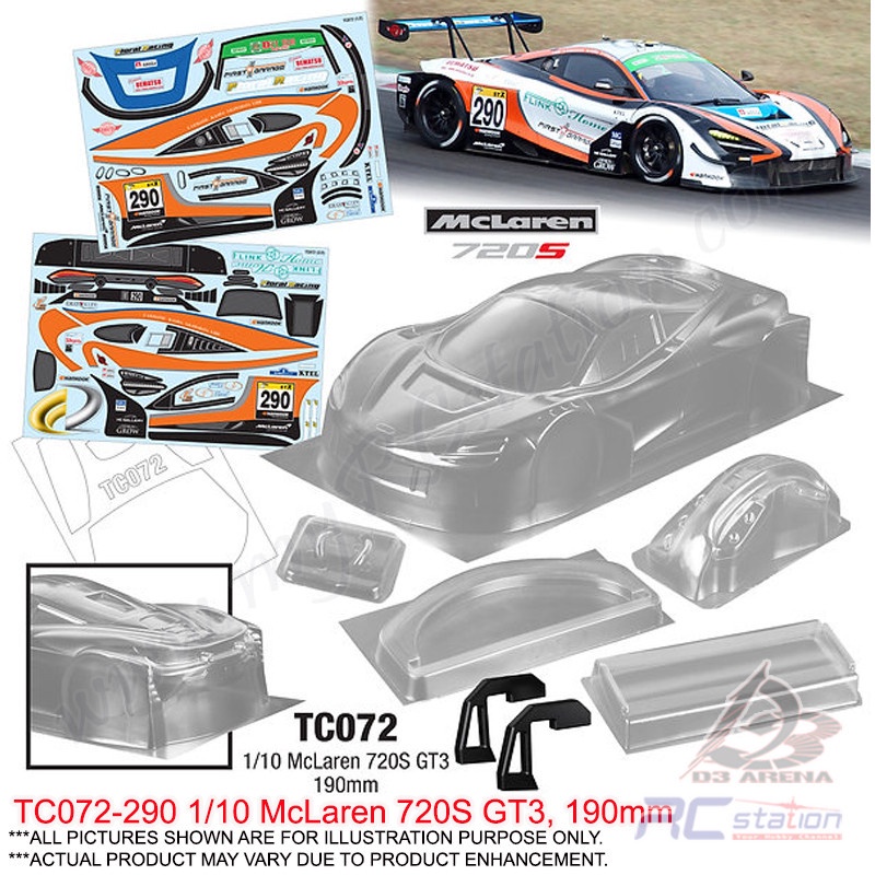 Team C Racing Clear Body Shell TC072 1/10 McLaren 720S GT3 (Width 190mm ...