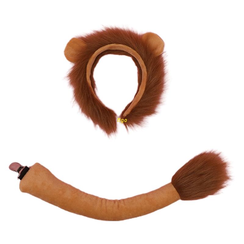 flgo Faux Fur Animal Headbands Furry Lion Ears Headwear Tail Set Kawaii ...