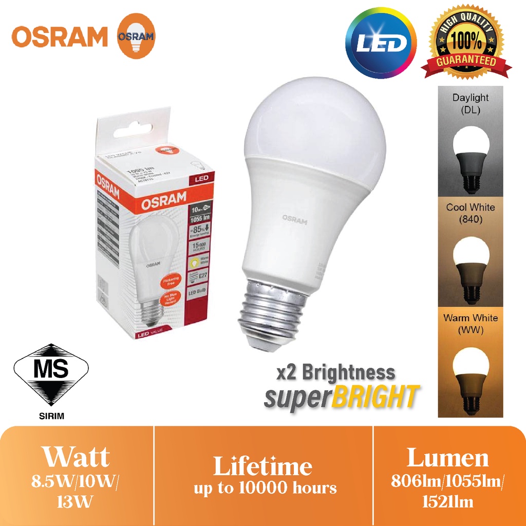 OSRAM LED BULB 5.5W / 8.5W / 10W / 13W A60 A70 LED Bulb E27 (Energy Saving) | Shopee Malaysia