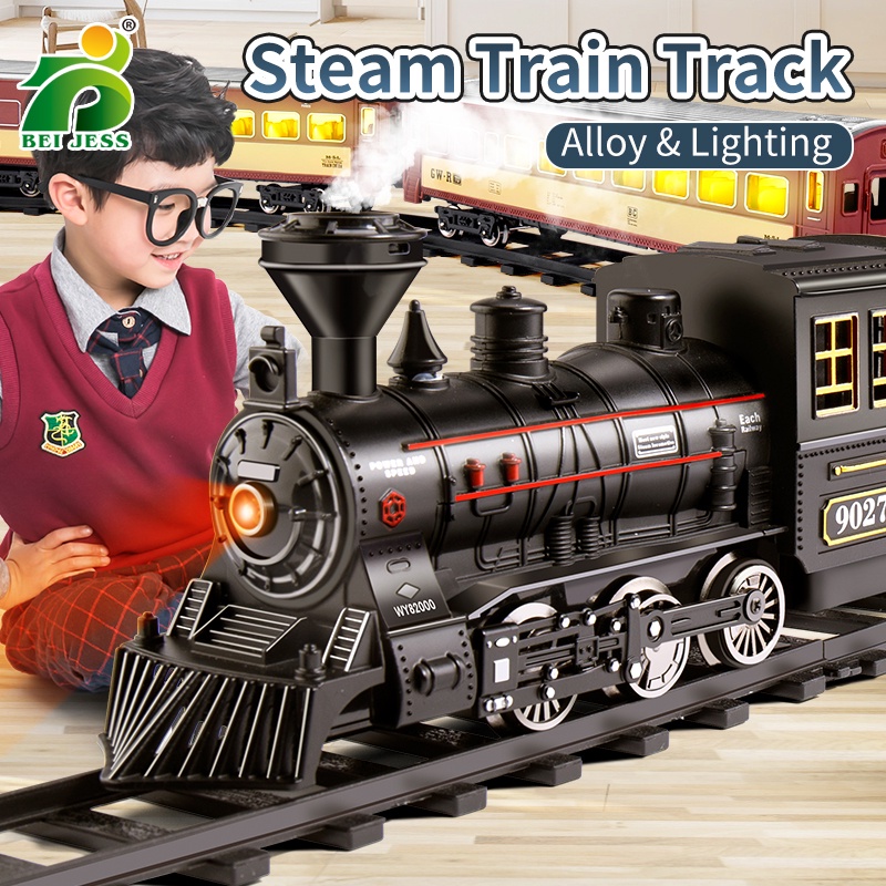 Electric Steam Spray Train Track Set Simulated Retro Alloy Locomotive ...
