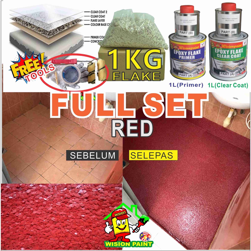 RED / FULL SET Flake Coating Epoxy Toilet Floor Waterproof (FREE Tools ...