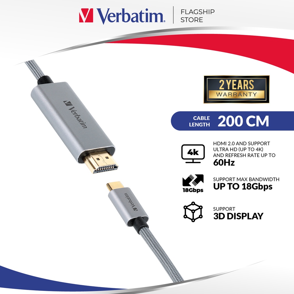 Verbatim Type C 3.1 to 4K HDMI 2.0 Cable - Grey (200cm) [ 65709 ...