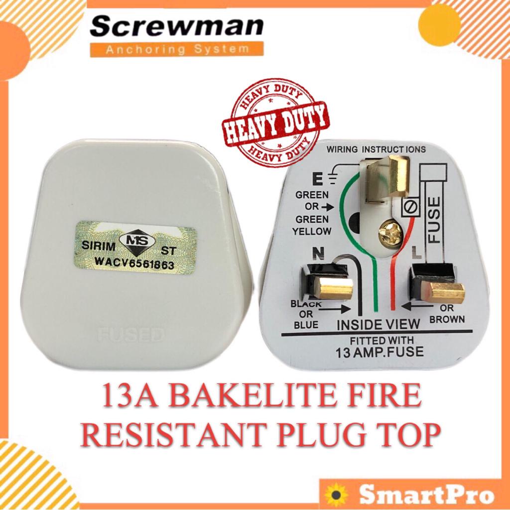(SIRIM) Screwman Heavy Duty Bakelite 13A Fused 3 Pin Plug Top 13A Plug ...