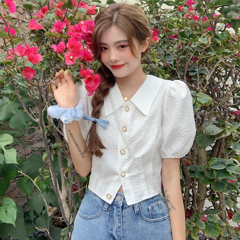 Ladies French ruffle blouse polo collar short bubble sleeves | Shopee ...