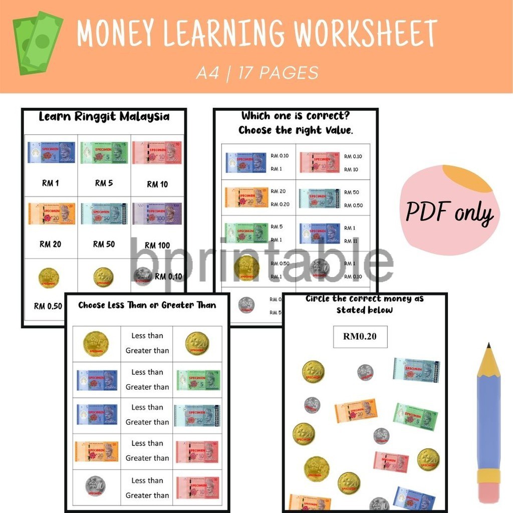 [PDF] Printable Money Learning Worksheet Kids Worksheet, Worksheet for ...