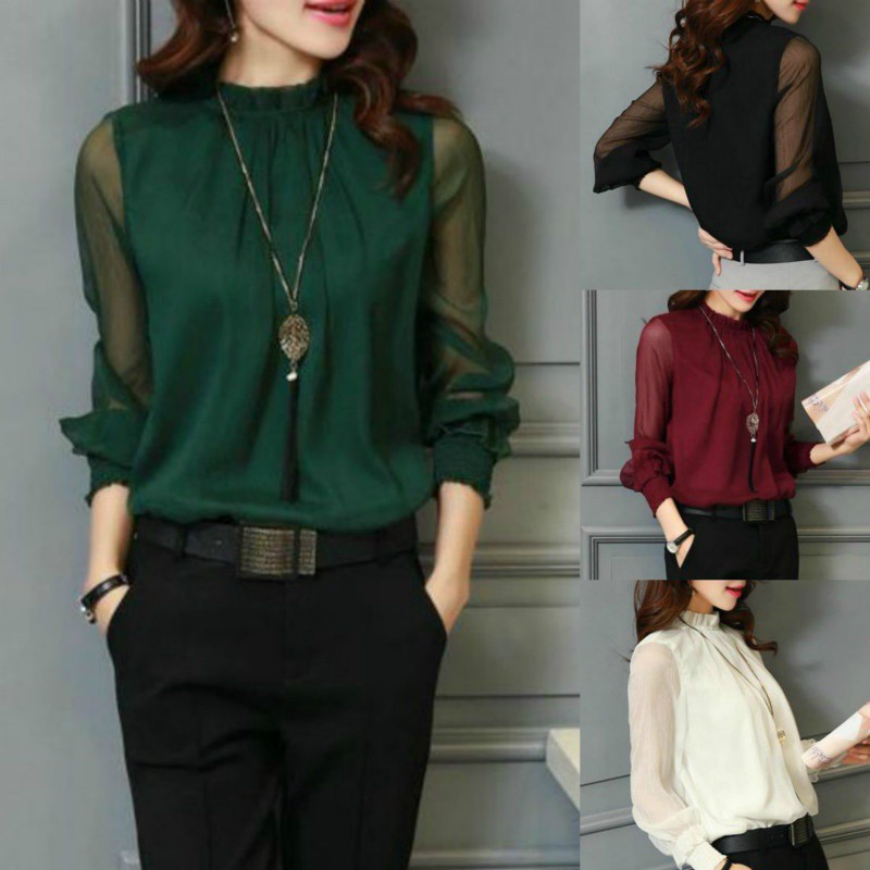 5color Deep Green Lantern Sleeve High Neck Blouse Plus Size | Shopee Malaysia