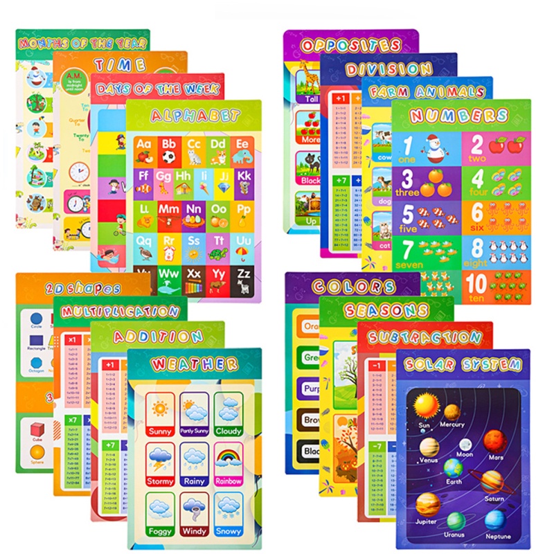 16pcs Childrens Wall Chart Maths Educational Learning Poster Charts ...