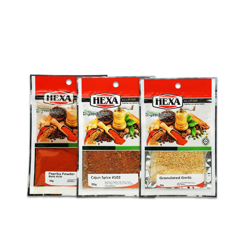 HEXA Paprika Powder 30gm + Cajun Spice 102 30gm + Garlic Granulated ...