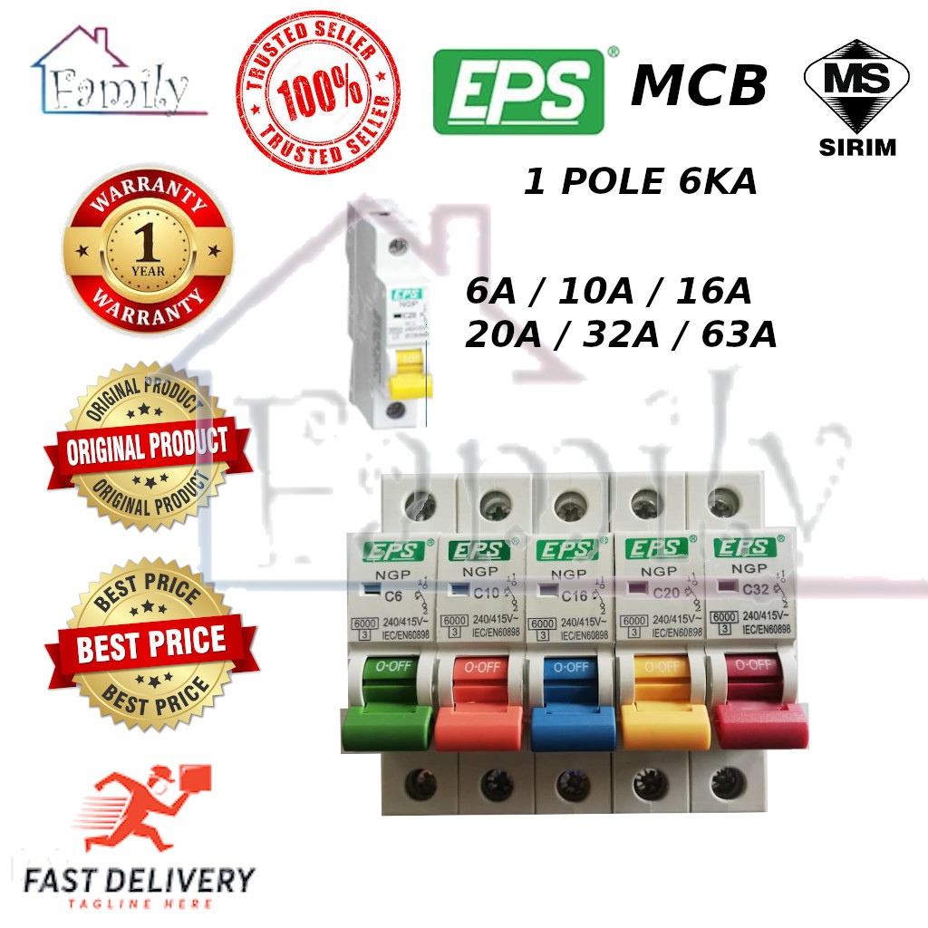EPS 1 Pole (6KA) MCB 6A , 10A , 16A , 20A AND 32A Miniature Circuit ...