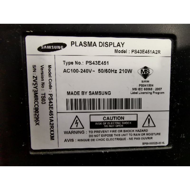 SAMSUNG PLASMA TV PS43E451A2R / PS43E451 | Shopee Malaysia
