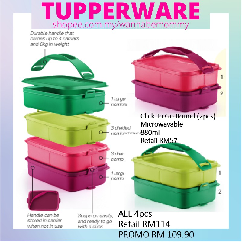 Tupperware Click To Go (2pcs) 900ml Bekas Makanan Bertingkat Mangkuk ...