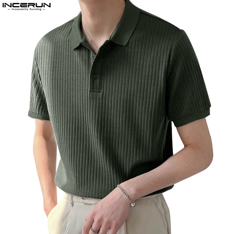 INCERUN Summer Men Short Sleeve Pure Striped Knit Lapel Collar Polo ...