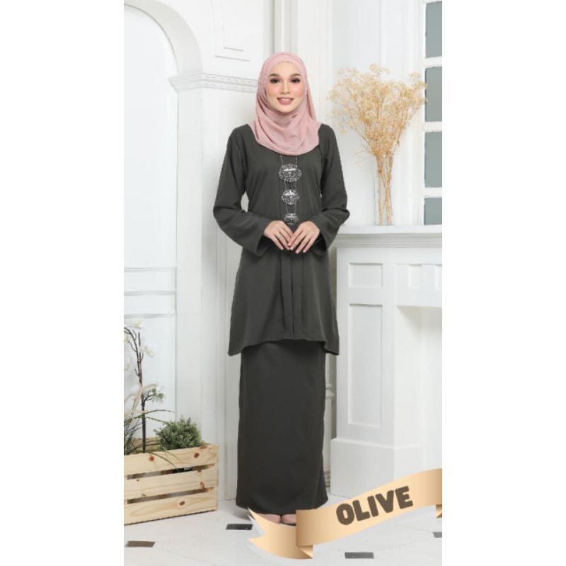 Baju Kurung Kebarung Olive Green Hijau Ironless Saiz S - 5XL Plain ...
