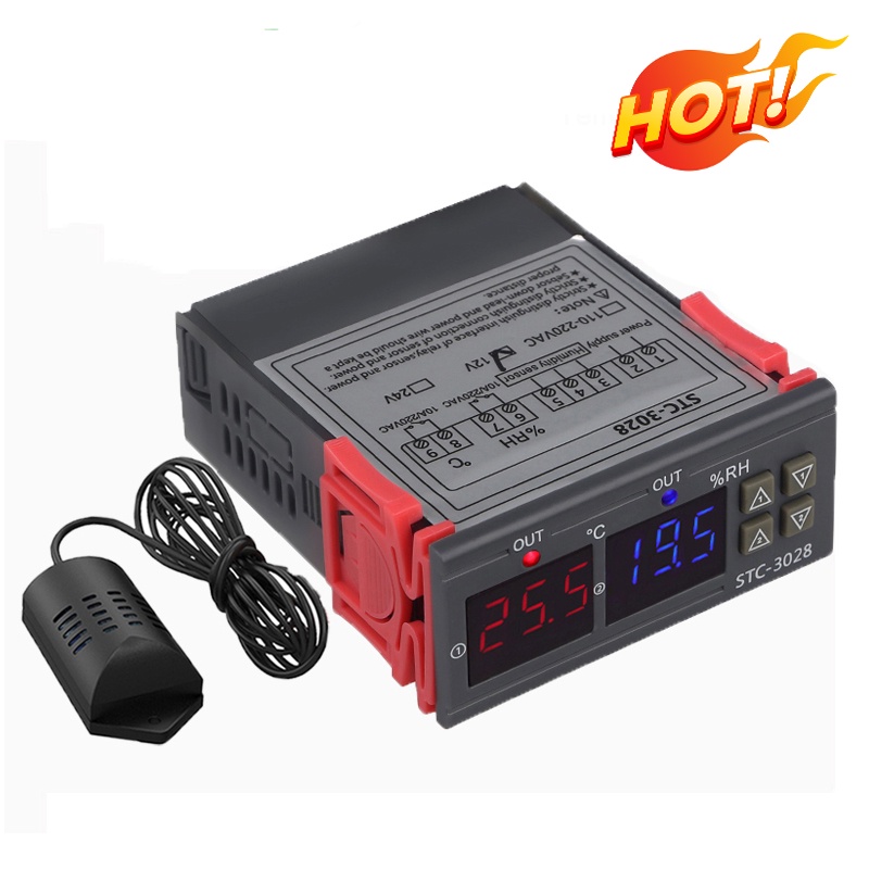 STC-3028 12V/24V/110-220V Dual Digital Temperature Humidity Controller Thermostat 10A with NTC ...