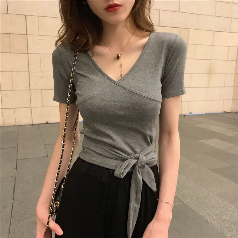 sexy v neck bandage t shirt women slim short sleeve ctop tops new 2023 ...