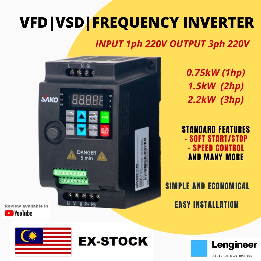 VSD VFD Frequency Inverter 220V 0.75kW (1hp), 1.5kW (2hp) & 2.2kW (3hp ...