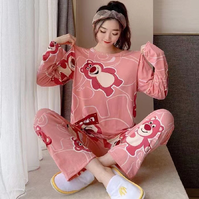 Pajamas Womens Summer Round Neck Long Sleeved Pants Cartoon Sweet And