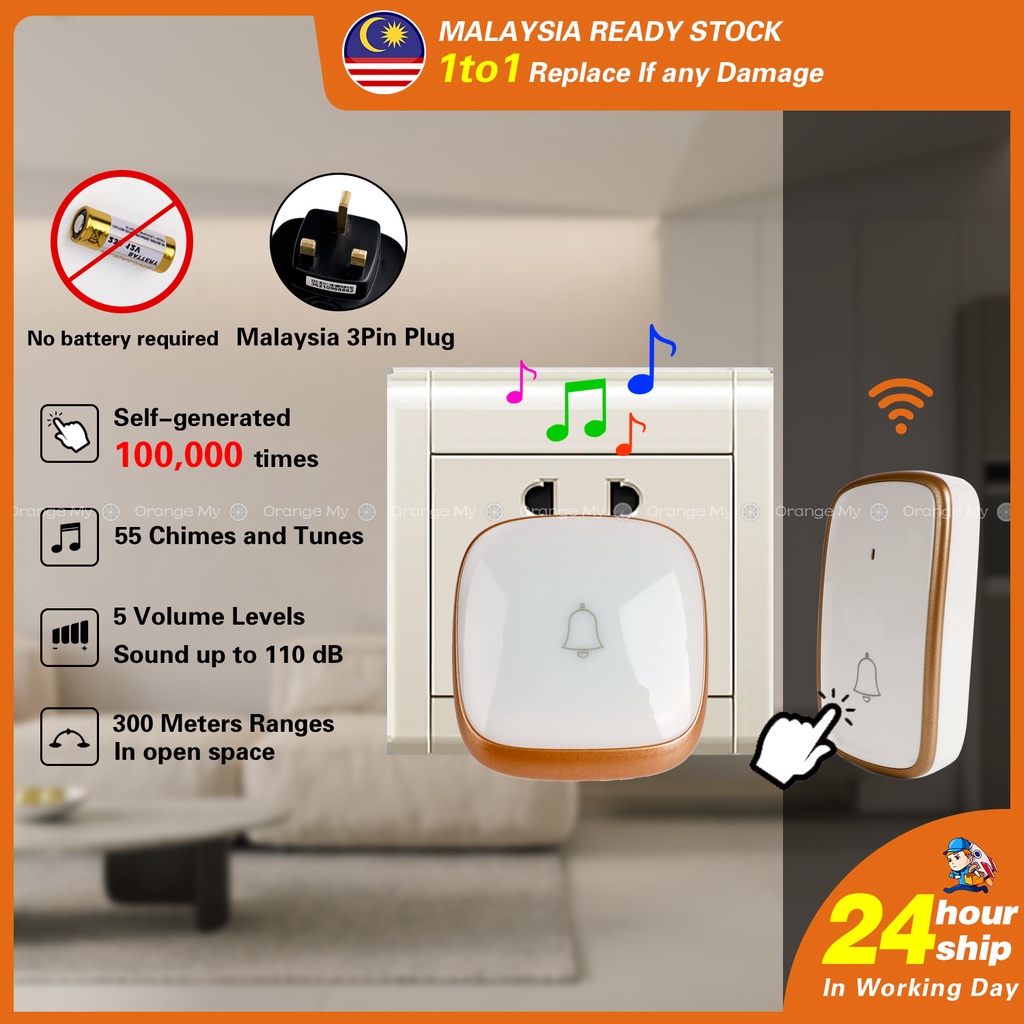 wireless Self Powered doorbell waterproof UK Plug smart doorbell with ...