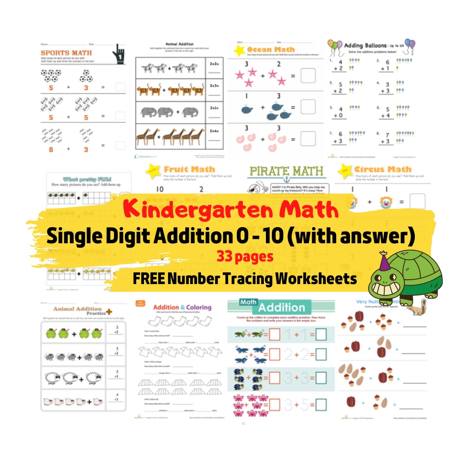 A61 - Printable Single Digit Addition (with answer) Kindergarten ...