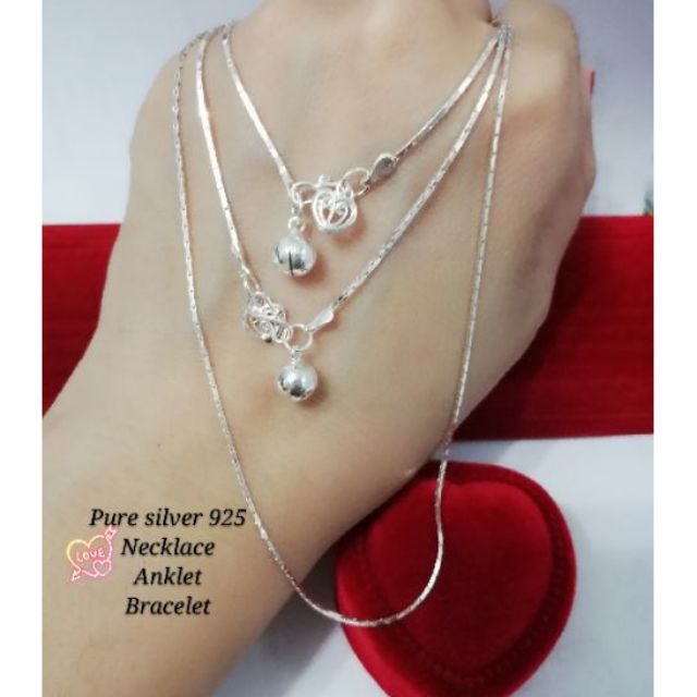 Pure silver 925 (1 Set) Thin Necklace+Anklet+Bracelet (Adults).Gelang ...